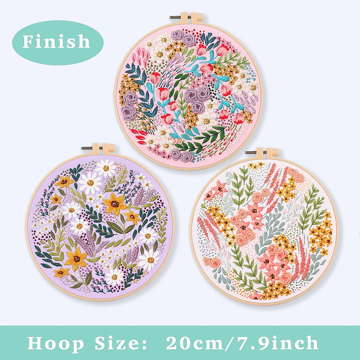 REEWISLY 3 Pack Embroidery Starter kit with Patterns and Instructions, DIY Adult Cross Stitch Kits Beginner, Including 3 Plastic Embroidery Rings, 1 Scissors, Colored Threads and Needles