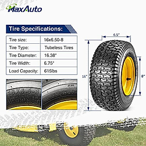 MaxAuto 2Pcs 16x6.50-8 Front Tires and Wheels Assembly for Lawn Mower Tractors, 3" Offset Long Hub with 3/4"Bearings, Pneumatic Tire