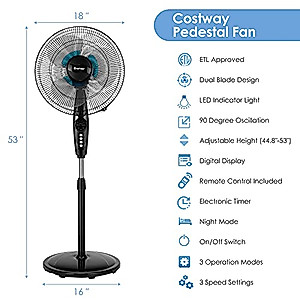 COSTWAY Pedestal Fan, 18-Inch Adjustable Height Fan, 3-Speed Digital Control, Timer, LCD Display, Double Blades, Remote Control, Quiet Oscillating Stand Fan for Home, Office, Bedroom