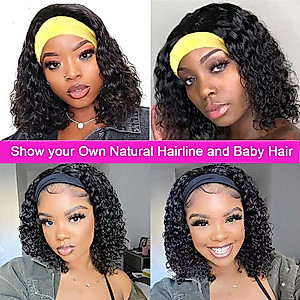 Rebasar Deep Wave Headband Wig Human Hair 14 Inch Curly Headband Wigs for Black Women Human Hair Glueless None Lace Front Wig Brazilian Virgin Hair Wear and Go Wigs 150% Density Natural Black Color