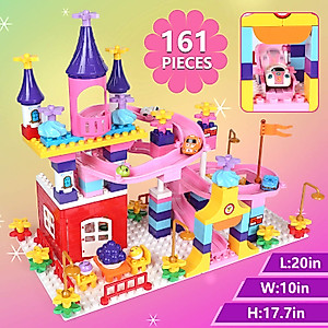 Castle Building Blocks Set for Toddlers, Creative Large Building Bricks, Marble Run Blocks, Race Track Construction Toy, Preschool STEM Educational Toys Gifts for Kids Boys Girls Aged 3+(161 PCS)