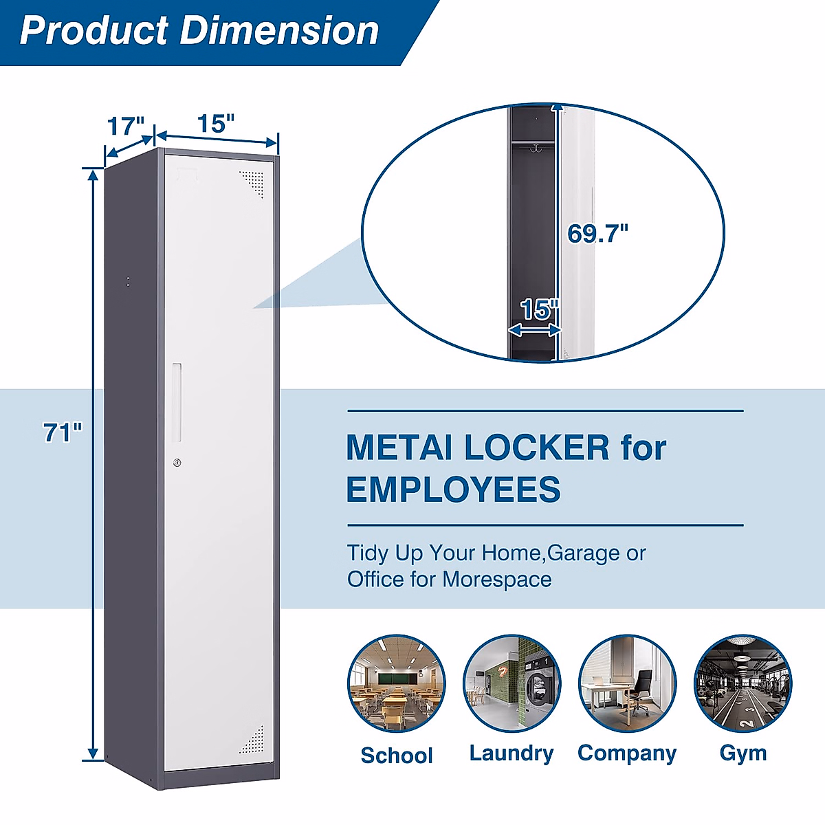 PEUKC Metal Storage Locker, 71" Tall Locker Storage Cabinet for Employees, Steel Storage Cabinet Locker with Lock and Keys for School, Gym, Home, Office Staff(1 Door-Grey)