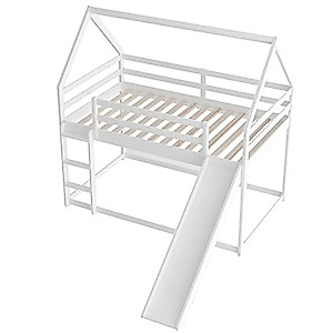 Twin Size Bunk House Bed with Convertible Slide and Ladder,Twin Over Twin Wooden Bed Frame with Guardrails for Kids Teens Girls Boys,White