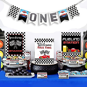 Race Car ONE Highchair Banner 1st Birthday Party Decoration Supplies for Kids Garland Decorations Baby Boy Checkered Pennant Cake Smash Milestone Photo Prop, Multi, 6.5 * 4.5 INCHES Flag