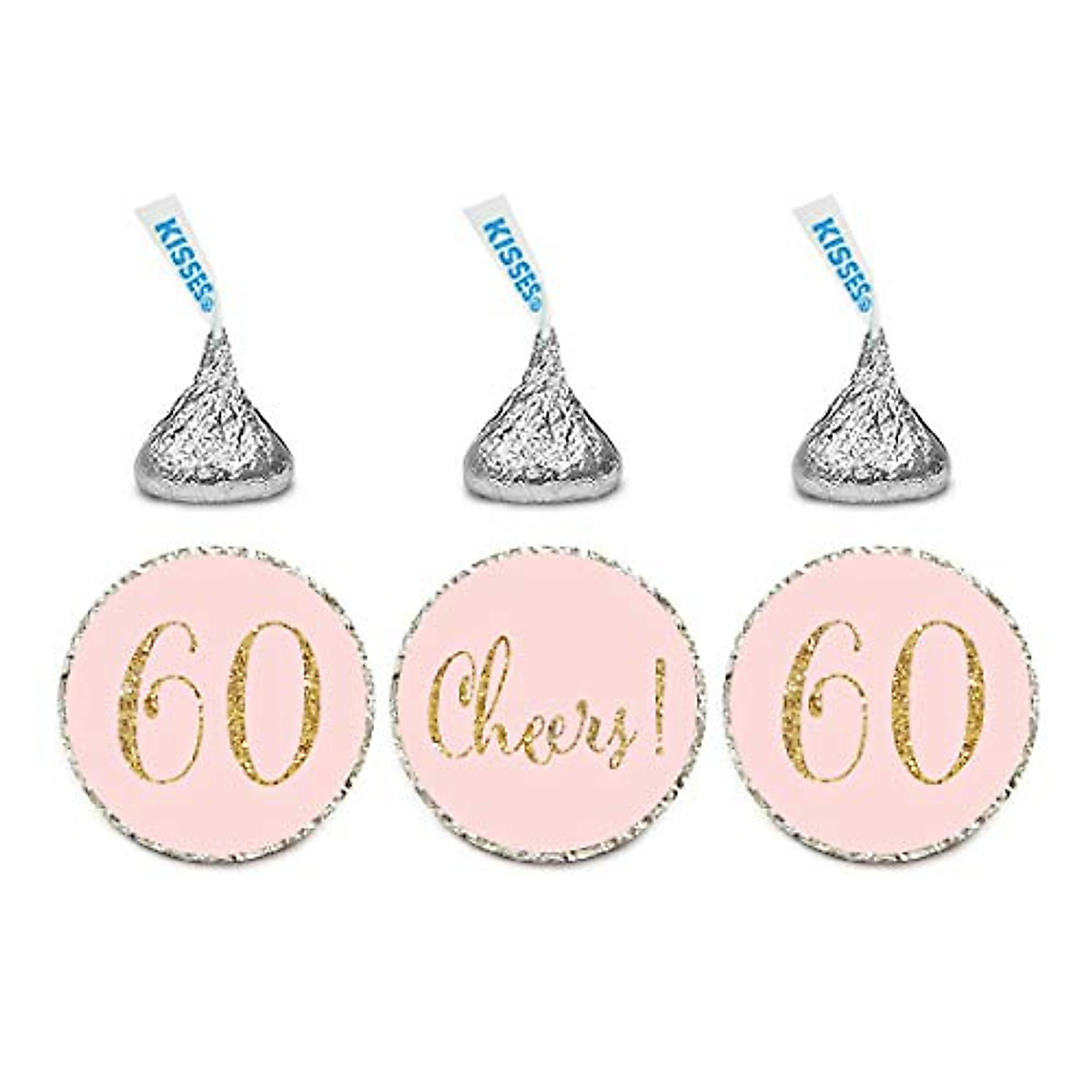 Andaz Press Gold Glitter Print Chocolate Drop Labels Stickers, Cheers 60, Happy 60th Birthday, Anniversary, Reunion, Blush Pink, 216-Pack, Not Real Glitter, for Kisses Party Favors