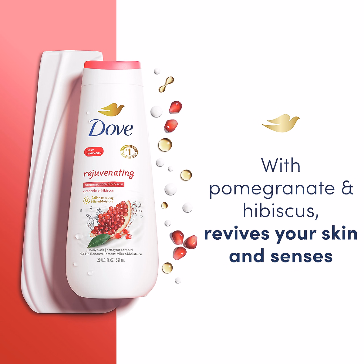 Dove Body Wash Rejuvenating Pomegranate & Hibiscus for Renewed, Healthy-Looking Skin Gentle Skin Cleanser with 24hr Renewing MicroMoisture 20 oz