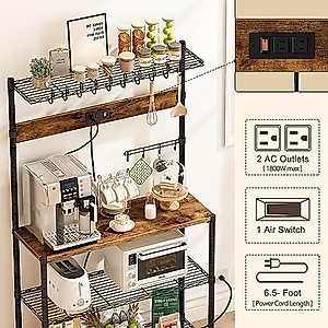 SUPERJARE Bakers Rack with Power Outlets - Height Adjustable Microwave Stand, 4-tier Kitchen Storage Rack with 10 S-shaped Hooks, 360° Hanging Strip, Coffee Bar Station - Rustic Brown