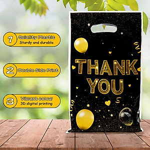 ANGOLIO Birthday Treat Party Bags - 50Pcs Black and Gold Party Favors Bags Print Easter Black Gold Balloon with Handles Plastic Gifts Bags Thank You Birthday Snack Bags Happy Party Favor Supplies