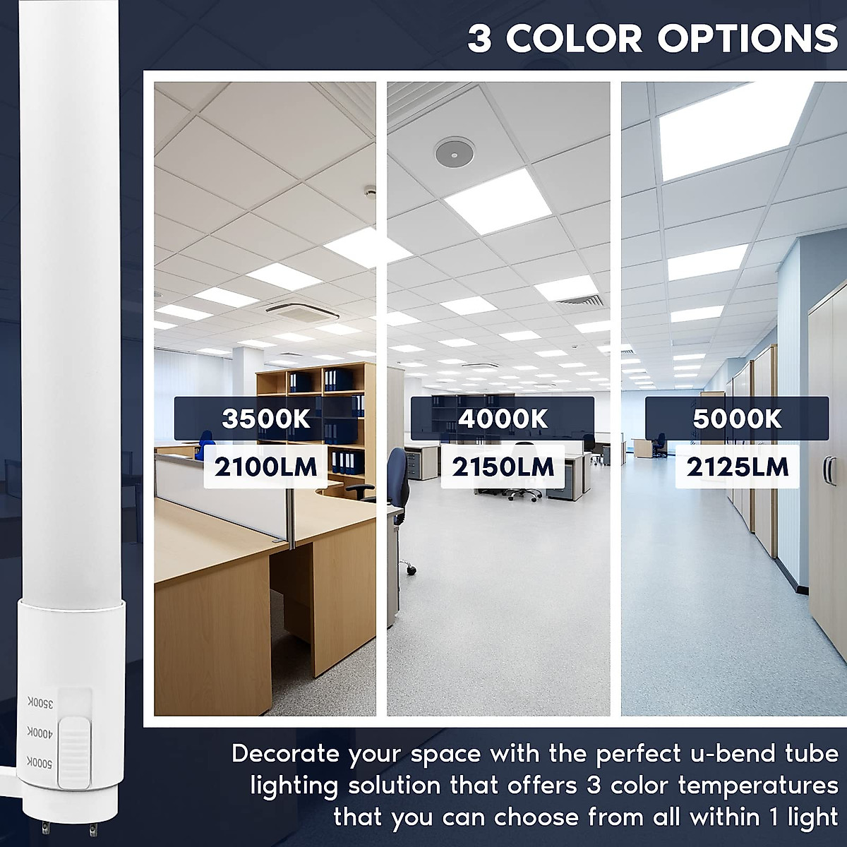 Luxrite U Bend LED Tube Light, T8 T12, 17.5W (32W Equivalent), 3 Colors 3500K | 4000K | 5000K, 2100 Lumens, Fluorescent Light Tube Replacement, Direct or Ballast Bypass, UL Certified, G13 Base, 2-Pack