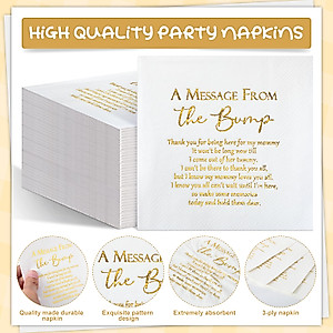 Colarr 100 Pcs Small Baby Shower Napkins 3 Ply Cocktail Napkins for Baby Shower 5 x 5 Inch A Message from the Bump Disposable Gender Reveal Napkins with Gold Foil for Baby Welcome Party(White)