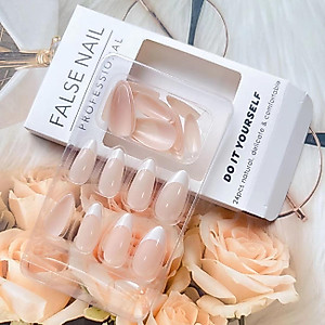 White French Tip Press on Nails Almond Shape Fake Nails Nude Medium False Nails Acrylic Artificial Nails Simple Glue on Nails Finger Decorations for Women 24Pcs