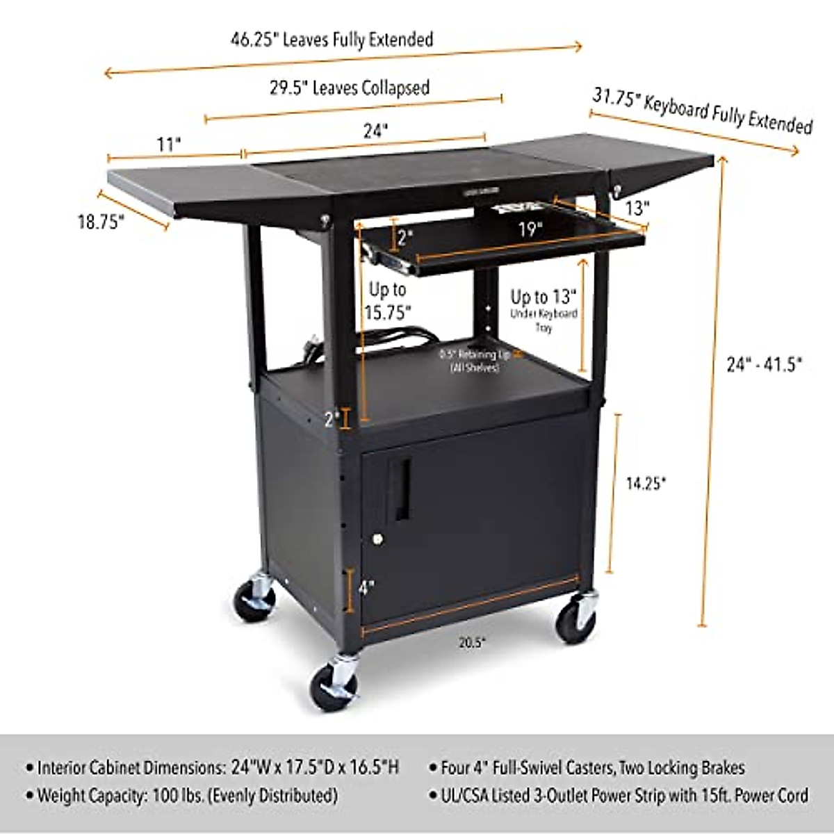 Line Leader AV Cart with Locking Cabinet and Drop Leaves | Height Adjustable Utility Cart with Extra Storage | Power Strip and Cord Management | Great for Presentations (Black / 46 x 18)