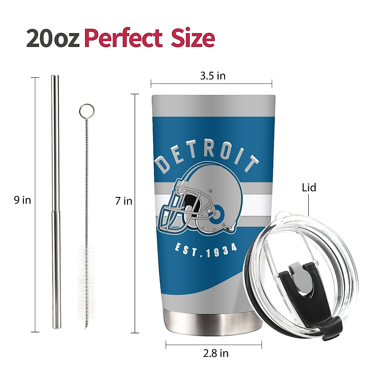 Custom Detroit Tumbler 20oz Stainless Steel with Lid & Straw Personalized Football Fans Gifts for Women Men Coffee Travel Insulated Mug Cup Add Name Number