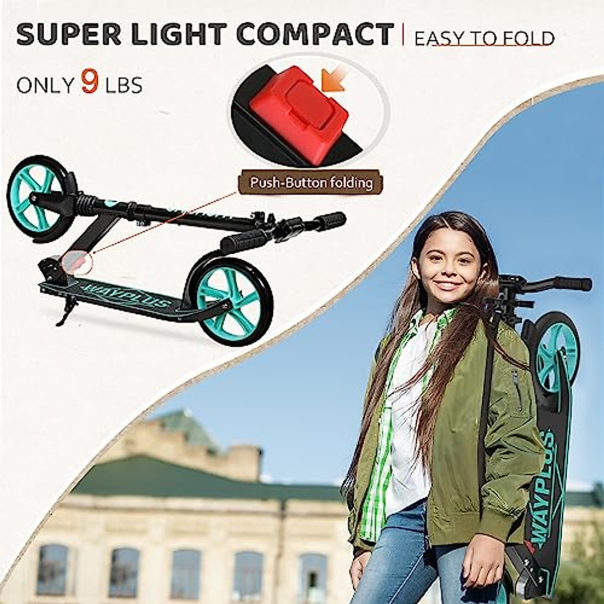 WAYPLUS Kick Scooter for Ages 6+,Kid, Teens & Adults. Max Load 240 LBS. Foldable, Lightweight, 8IN Big Wheels for Kids, Teen and Adults, 4 Adjustable Levels. Bearing ABEC9