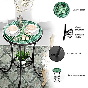 FROMJBEST Mosaic Outdoor Side Table, Patio Side Table, Weather Resistant 14" Diameter 21" H Ceramic Tile Round Outside Table for Patio, Porch, Garden, Pool, Indoor&Outdoor,Plant Stand (Vortex)