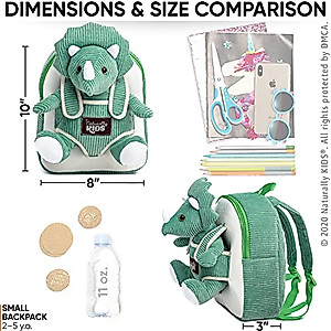 Naturally KIDS Small Dinosaur Backpack Dinosaur Toys for Kids 3-5 - Dinosaur Toys for 3 4 5 6 7 Year Old Girls Gift - Toddler Backpack for Boys Girl - Green Triceratops - Dinosaur Plush Stuffed Animal