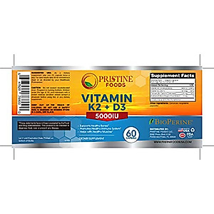 Pristine Foods Vitamin K2 (MK7) with D3 Ultra Premium 2 in 1 Support Complex with BioPerine (Black Pepper) | 60 Veggie Capsules | 5000 IU D3 Cholecalciferol, 100mcg K2 | Heart, Bone and Immune Health