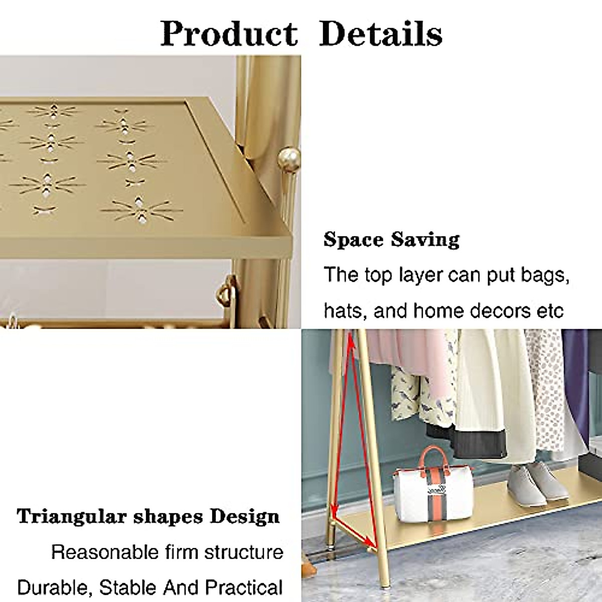 Clothes rack Gold, Freestanding Industrial Garment Rack with Double shelves Multi-functional Bedroom Hanging Clothing Rack,Heavy Duty Movable Coat Rack for Organizing Clothes and Shoes (59'' L)