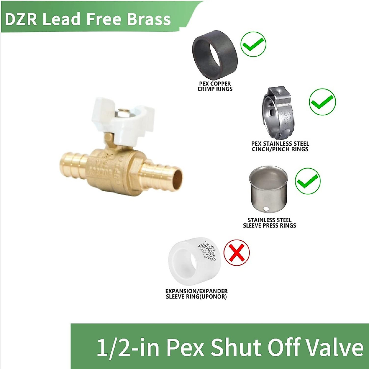 1/2-in Brass Pex Ball Valve, 1/4 Turn Pex Shut Off Valve with White T-handle,1/2" Mini Brass Pex Barb Valve for Pex Tubing for Hot or Cold Water- (2-Pack)