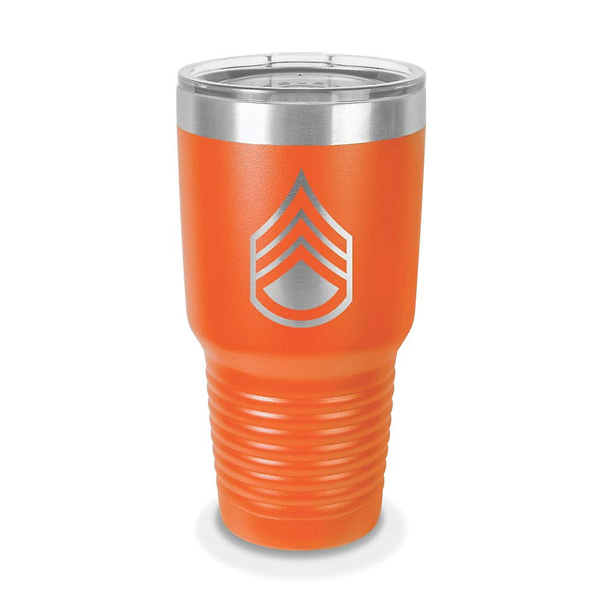 Custom E-6 Staff Sergeant Rank 30 oz Laser Engraved Polar Camel Stainless Steel Vacuum Insulated Tumbler w/Clear Lid SSG OR-6 E6 US Army - Customizable - Orange