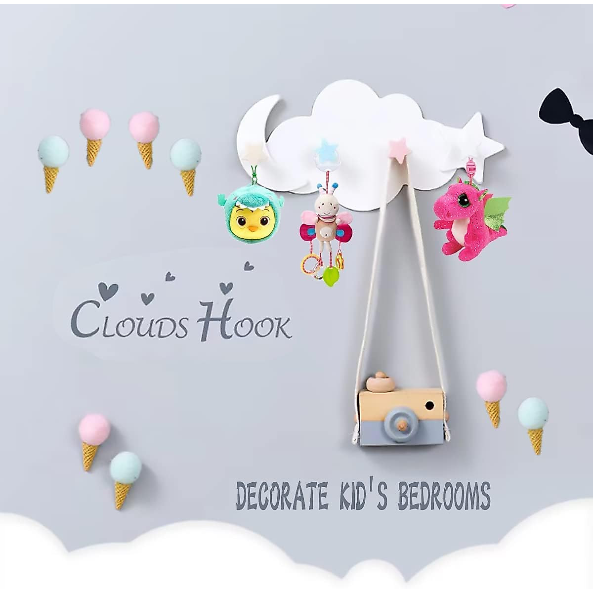 BOSGAS Adhesive Wall Hook for Kids Room,Decorative Wall Mounted Hooks Rack for Hanging Hair Clips,Headwear, Wallets,Hats,and Towels,Kids Coat Hook Rack for Boys and Girls,Easy to Use