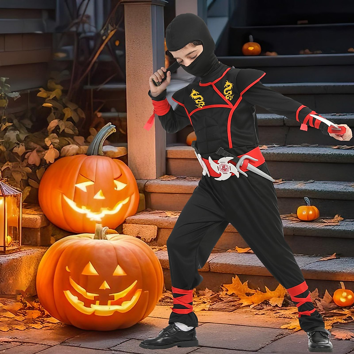 SATKULL Ninja Costumes Boy Ninja Costume Set Kids Halloween Ninjas Suit Halloween Cosplay Dress up for Kids(Kids-M-6/7T Black)