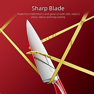 Knife Set, Emojoy 15 Piece Kitchen Knife Set with Block Wooden, German Stainless Steel Sharp Chef Knife Set with Sharpener, Dishwasher Safe and Rust Proof (kitchen knife set red)