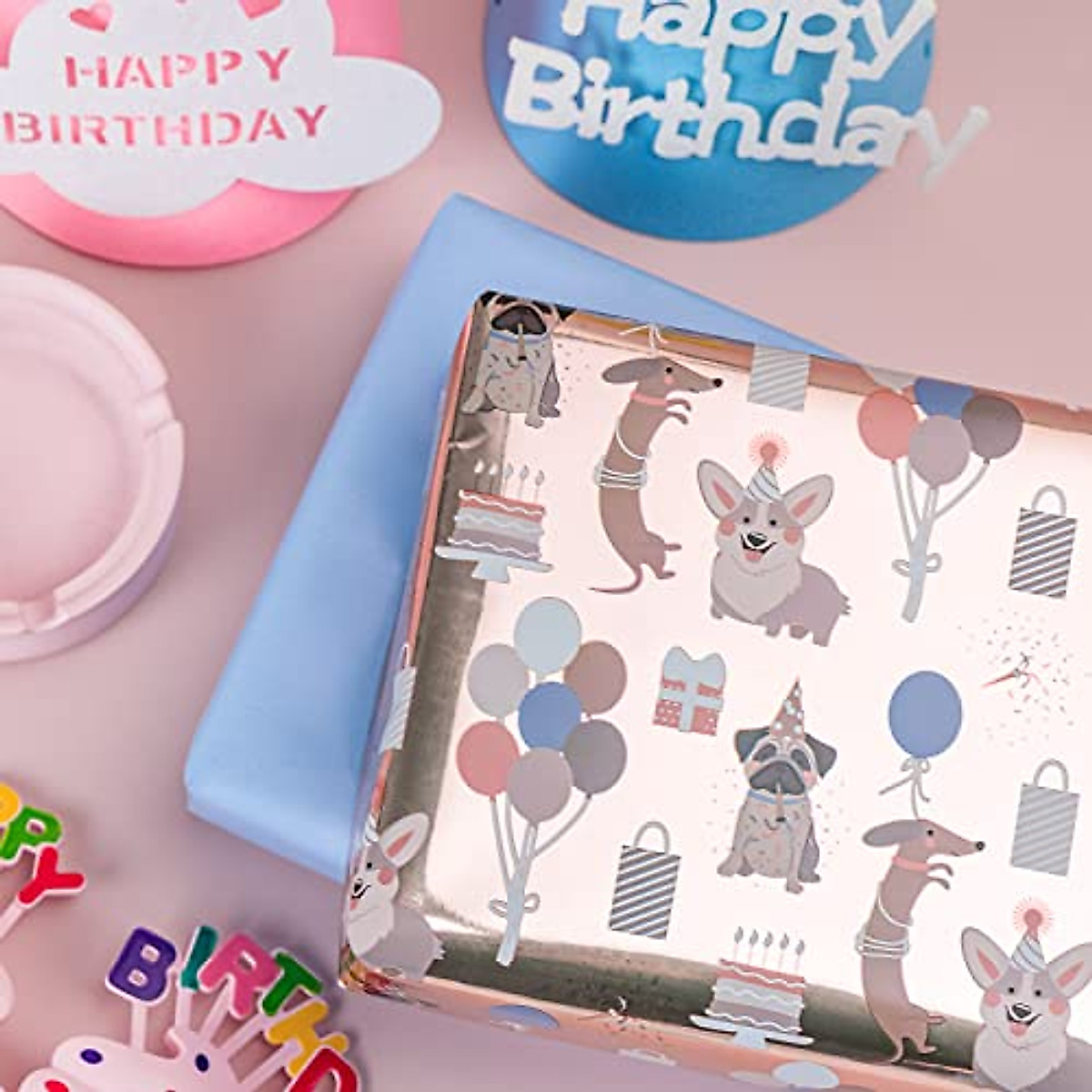 WRAPAHOLIC Reversible Birthday Wrapping Paper - Mini Roll - 17 Inch X 33 Feet - Adorable Dogs with Metallic Foil Shine and Solid Blue for Birthday, Party, Baby Shower