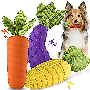 PETSTA Squeaky Dog Toys for Aggressive Chewer Large Medium Small Breed Dog, Tough Durable Dog Chew Toys with Non-Toxic Natural Rubber for Teething (Corn-Eggplant-Radish)