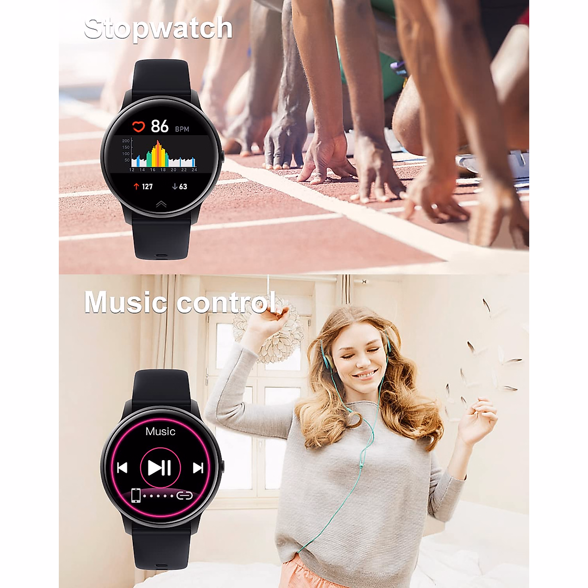 ASIAMENG Smart Watch for Women, Round Smartwatch for IP68 Waterproof with Heart Rate Monitor, Sleep Monitor, Calorie Monitor, Pedometer Stopwatch Fitness Watch, Smart Watch for iPhone Android