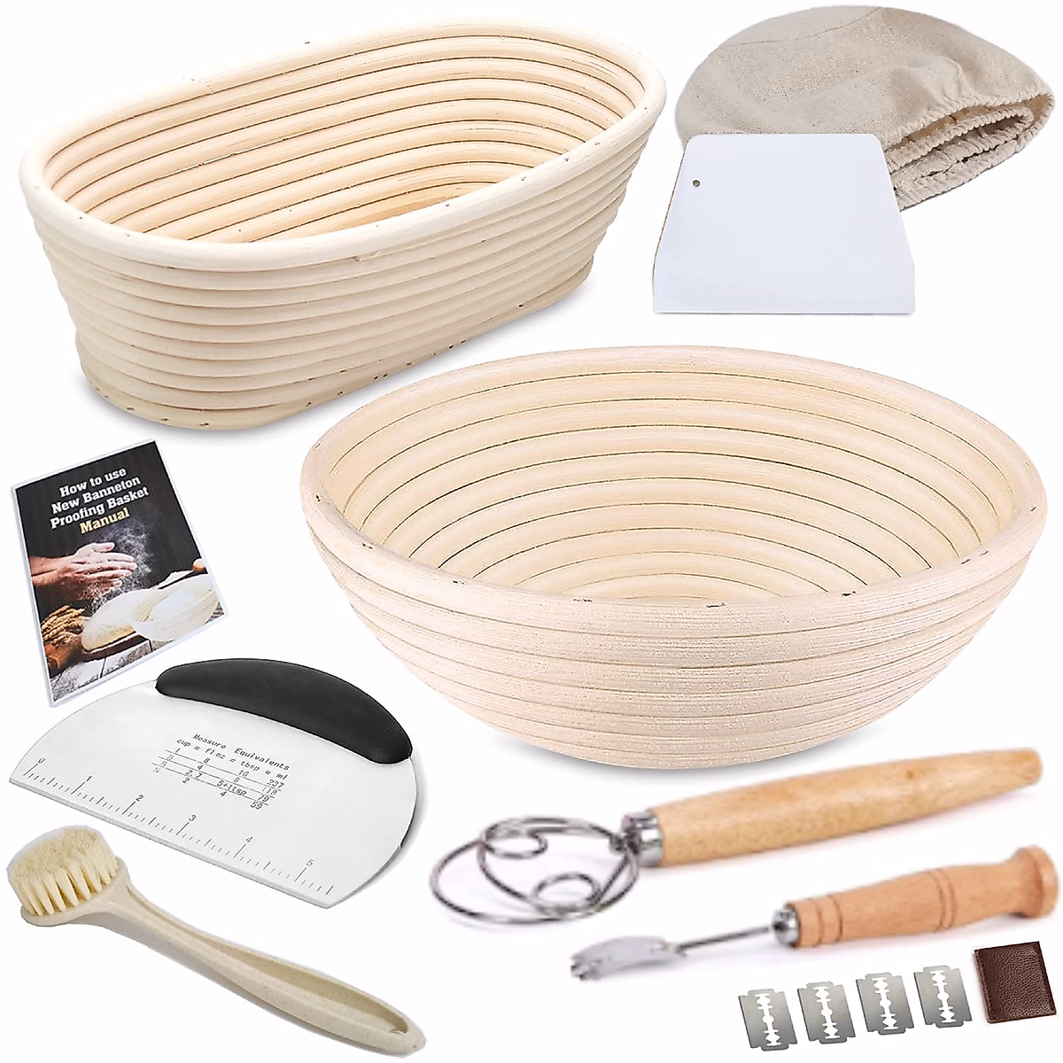 Banneton Bread Proofing Basket set-A complete Sourdough Proofing Basket kit of 9 Inch Round and 10 Inch Oval Bread Baskets with Cloth Liners Dough Scrapers Dough Whisk Bread Lame and Cleaning Brush