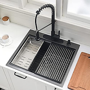 25x22-Inch Black Drop In Kitchen Sink Workstation - VOKIM 25 Inch Single Bowl Kitchen Topmount Sink 16 Gauge Stainless Steel 10'' Deep Handmade Kitchen Sink with Cutting Board& Strainer
