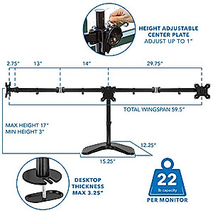 Mount-It! Triple Monitor Stand - Freestanding Computer Desk Mount Fits Up to 27 Inch Monitors, VESA 75, 100 Compatible