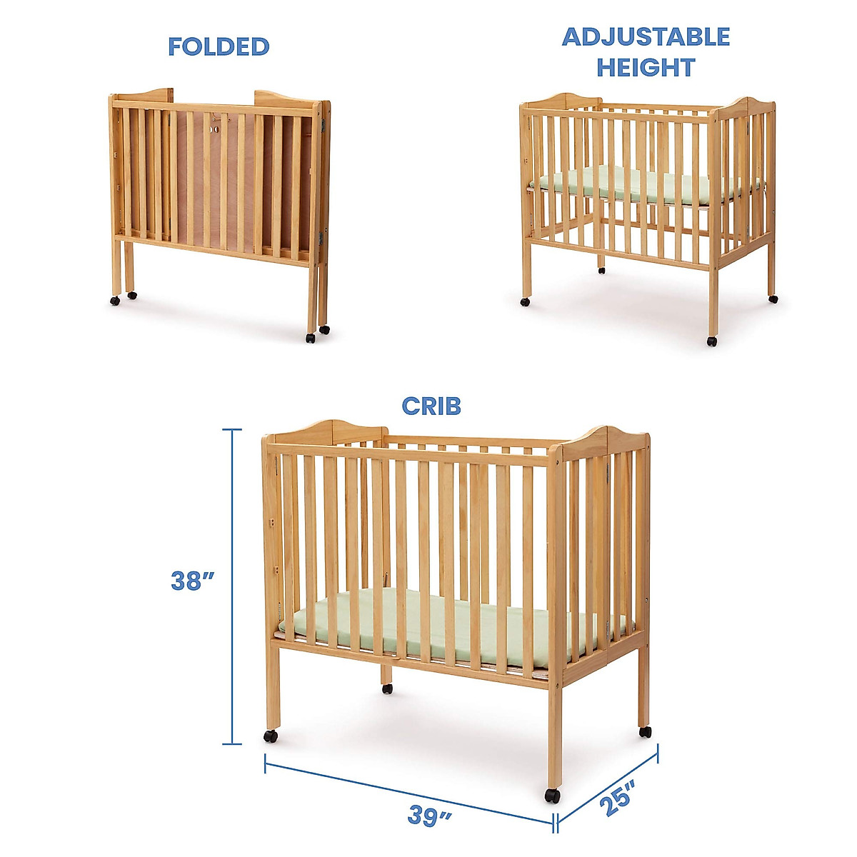 Delta Children Folding Portable Mini Baby Crib with 1.5-inch Mattress - Greenguard Gold Certified, Natural