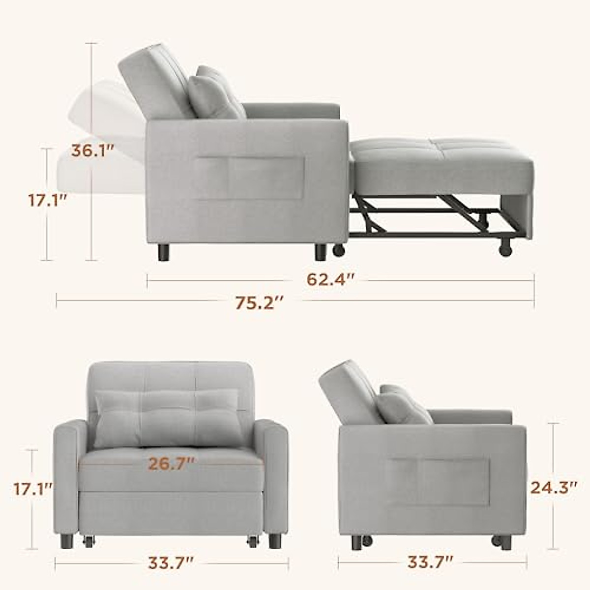 Noelse 3-in-1 Convertible Sofa Bed, Sleeper Chair Bed Pull Out Chair Bed, Sofa Bed with Adjustable Backrest, Single Sleeper Sofa Comfy Chair for Living Room Apartment (Light Gray)