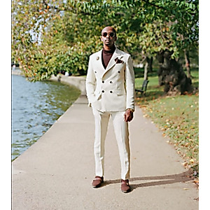 Zeattall Men's Suit 2 Pieces Slim Fit Double-breasted Blazer Wedding Groom Tuxedos(34 Regular,White)