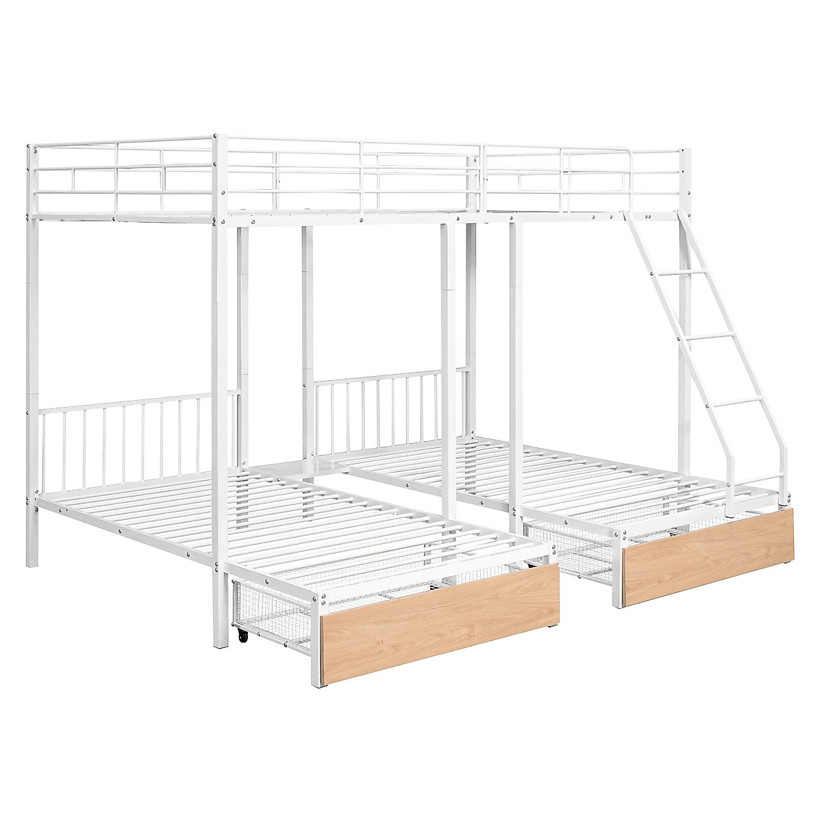 Metal Triple Bunk Bed Full Over Twin & Twin, Full Over Twin & Twin Bunk Bed with Storage Drawers, 3 Bunk Beds/Convertible Into 3 Beds, Metal Triple Bunk Beds for Kids,Teens, Girls(White)
