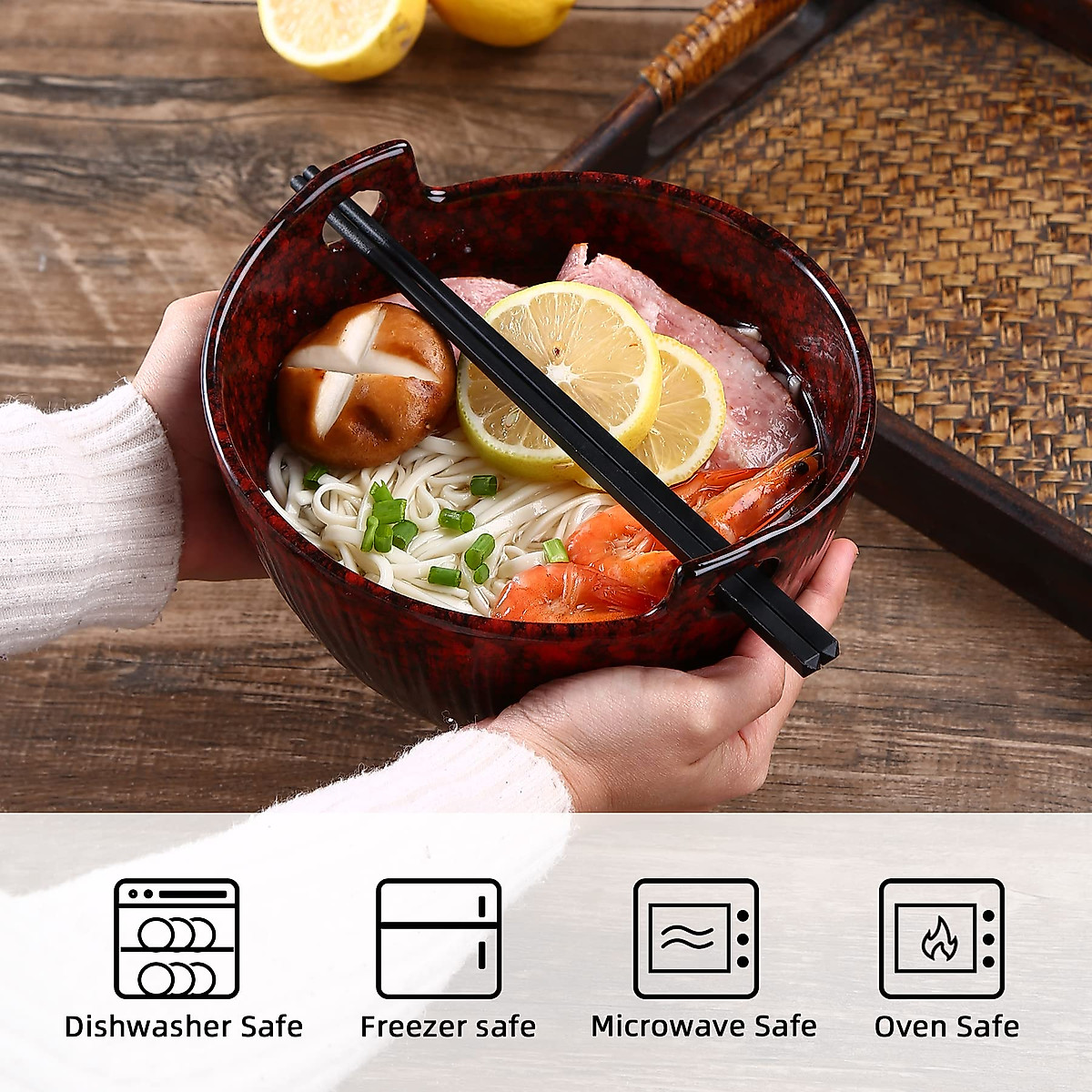 JH JIEMEI HOME Ramen Bowl with Chopsticks and Spoons, Ceramic Set of 2, Dishwasher Safe for Pho Udon Soba Noodle Salad Pasta, Special Reactive Glazed Crimson Bowls Set