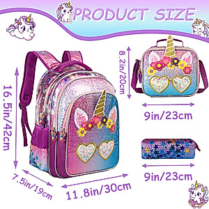 Unicorn Backpack for Girls 16" Backpacks for Girls for School Sequin Backpack with Lunch Box for Elementary Girls Students