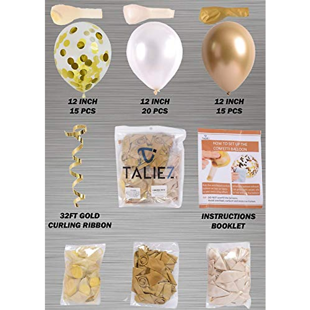 50 Pcs Balloons Set for Parties, Gold Confetti, White and Gold Chrome Pearl Balloon Party Decorations, Baby Shower Décor, Pack of 50 Thick Balloons, Gold Curling Ribbon, Natural Latex