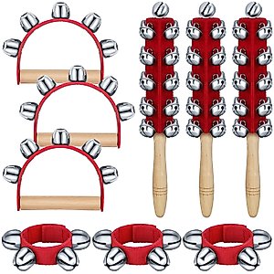 9 Pcs Christmas Hand Jingle Bells Wooden Hand Sleigh Bells Wrist Band Jingle Bells Jingle Shaker Bells with Wooden Grip Musical Bell Instruments Handheld Bells for Birthday Party Favors