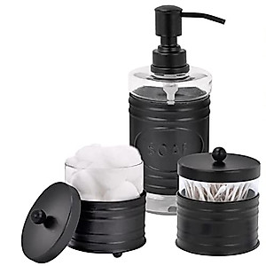 Autumn Alley Adorable 3 Piece Modern Farmhouse Bathroom Accessory Set for Sink/Vanity - Black Soap Dispenser, Cotton Ball Container with Lid, Qtip Organizer – Rustic Farmhouse Bathroom Decor
