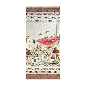 ZOE GARDEN Southwest Mushroom Magnetic Screen Door for Sliding/Single/French Doors, Self Sealing Magnets Patio Door Screen Heavy Duty Mesh Curtain, Brown Country Rustic Flower Plant Leaves