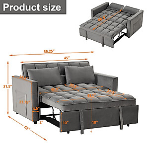 EBELLO 3 in 1 Convertible Sleeper Sofa Bed, Modern Velvet Loveseat Futon Couch Pullout Bed with Side Storage Pockets and Pillows, Small Love Seat Lounge Sofa Bed for Small Space, Living Room, Grey