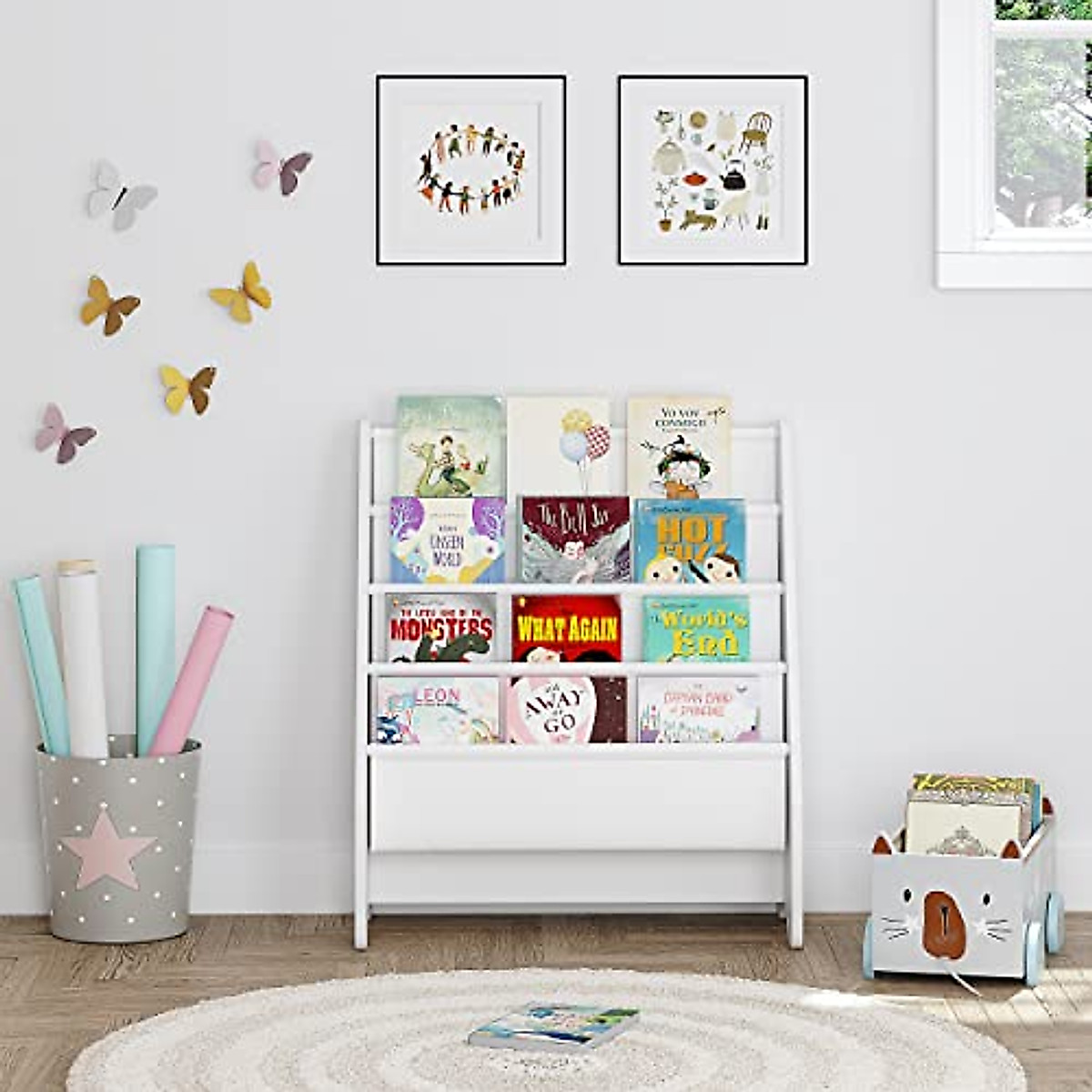 UTEX Kids Sling Bookshelf, Kids Bookshelf with Organizer, Kids Magazine Rack - Book Rack for Kids,Book Organizer (White)