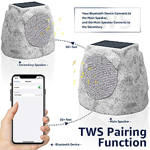 GGNOO Outdoor Speakers Bluetooth Waterproof IP44, Rock Speakers Solar Power and USB Rechargeable Outdoor Bluetooth,Twins Paring System,7 Colour Light Changeable Set for Deck Pool Yard Garden (2 Pack)