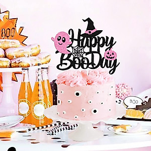 Happy Boo Day Cake Topper Pink and Black Halloween Cake Decoration Halloween Ghost Witches Bat Spider Pumpkin Theme for Kids Girl Birthday Baby Shower Party Supplies
