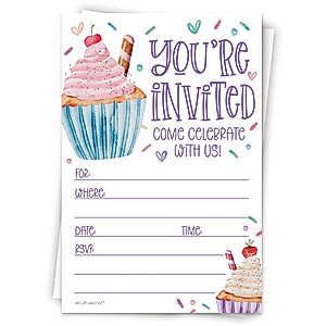 Cupcake Birthday Party Invitations (20 Count With Envelopes) - Watercolor Cupcakes And Sprinkles Birthday Invites