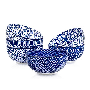 Selamica Ceramic Cereal Bowls Set of 6, 24 Oz Deep Soup Bowls for Kitchen, 5.9 Inch Porcelain Dessert Bowls for Salad, Pasta, Oatmeal, Ramen, Microwave Dishwasher Safe, Set of 6, Vintage Blue