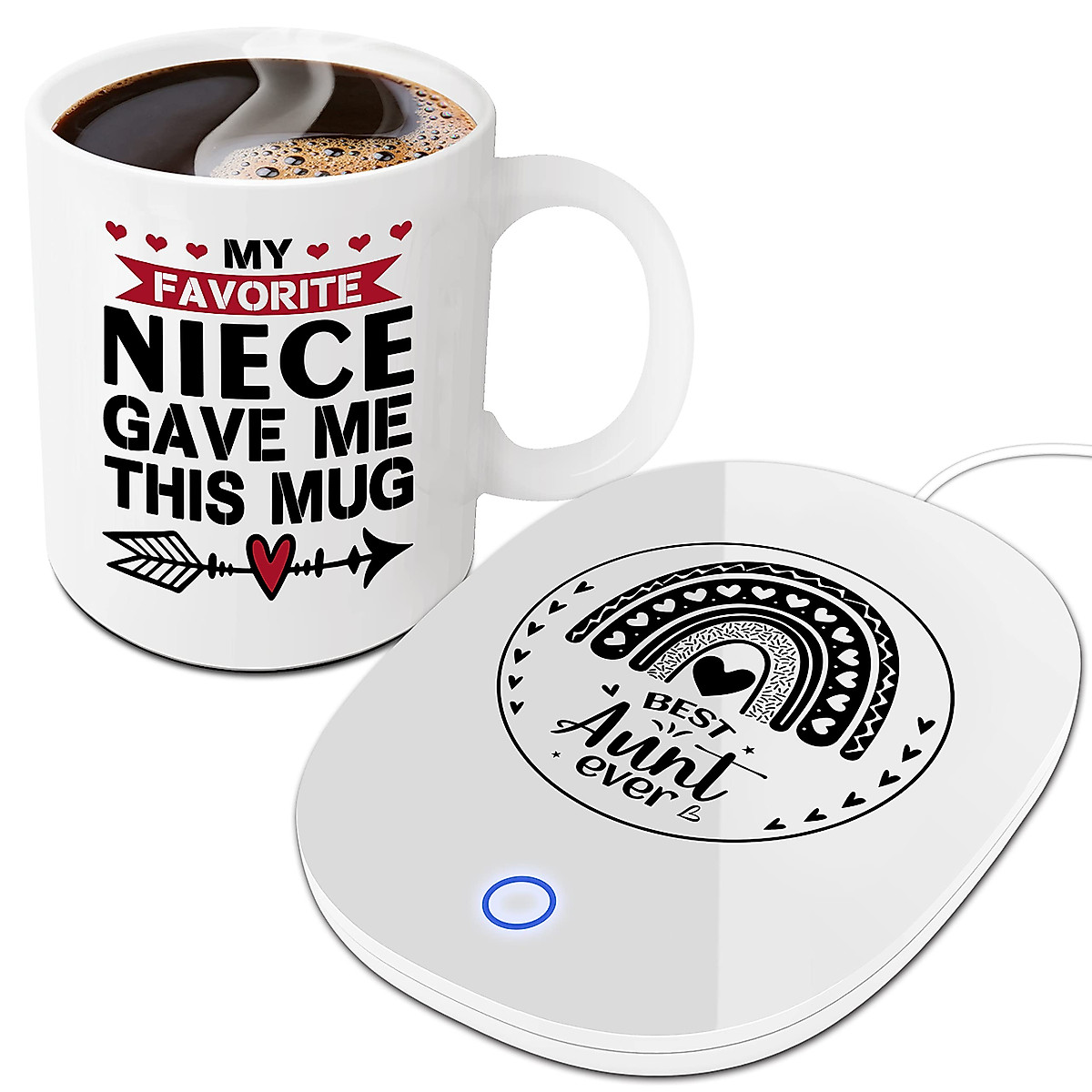 Aunt Gifts, Gifts for Aunt Mothers Day, Best Aunt Ever Gifts from Niece/Nephew, Birthday Gift for Aunt, Smart Warmer Thermostat Coaster with Mug, Beverage Warmer Maintain Temperature 120℉-140℉
